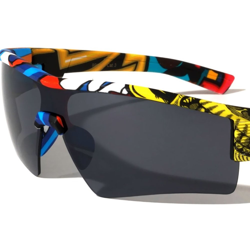 Semi-Rimless Street Graffiti Shield Sunglasses - Gem